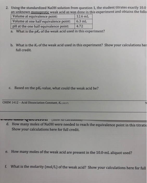 Solved Using the standardized NaOH solution from question 1, | Chegg.com