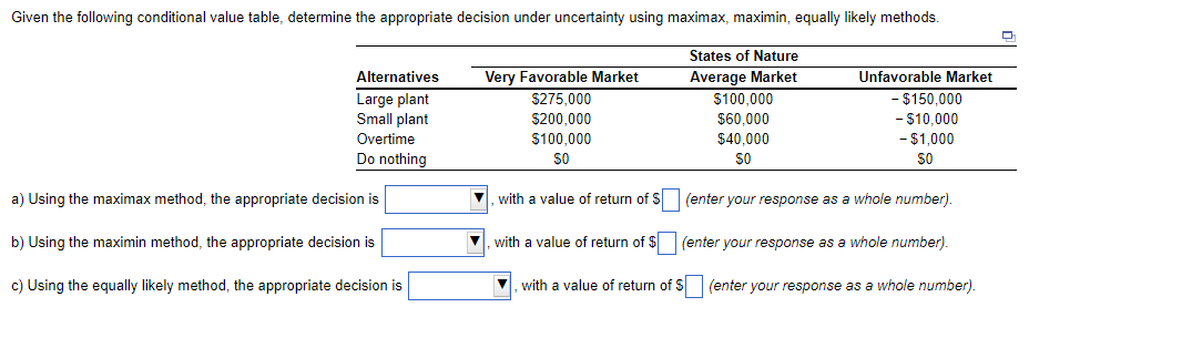 Solved a) Using the maximax method, the appropriate decision | Chegg.com