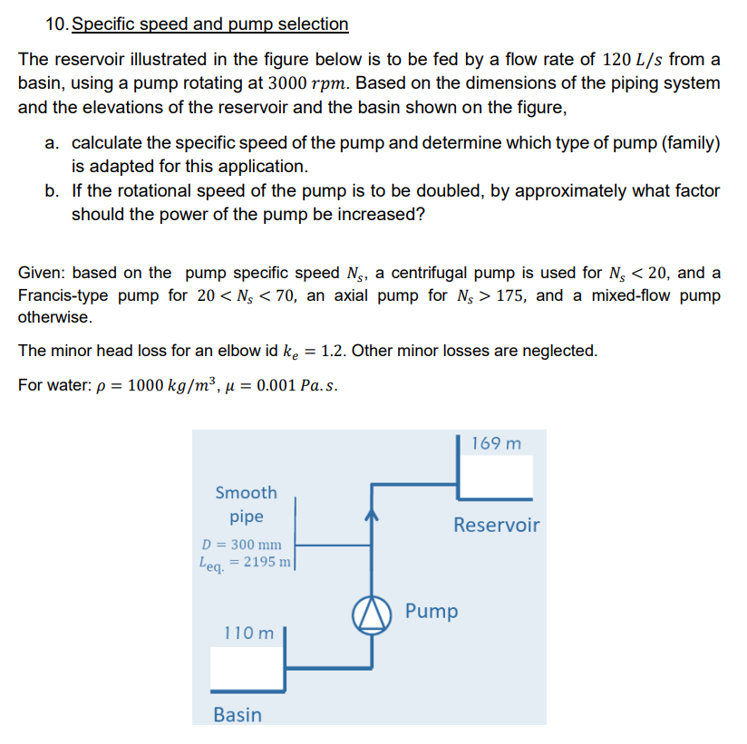 Solved 10. Specific speed and pump selection The reservoir | Chegg.com