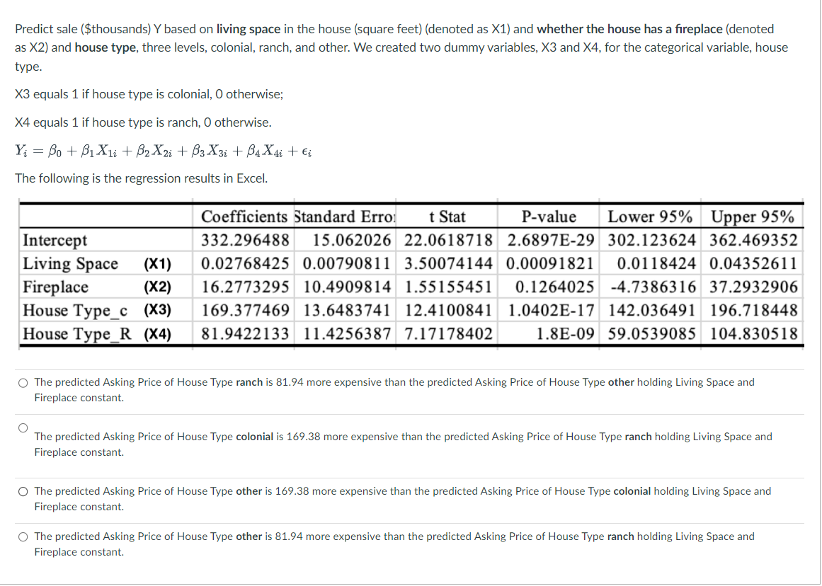 Solved Predict sale (\$thousands) Y based on living space in | Chegg.com