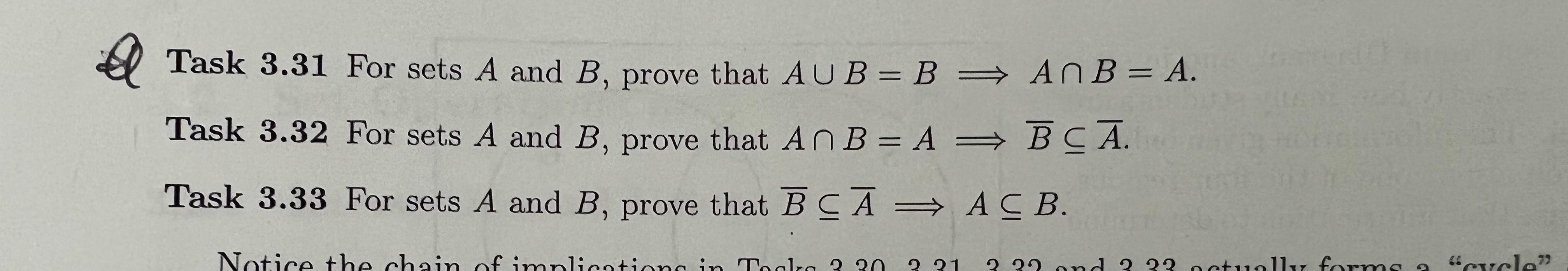 Solved Task 3.31 For sets A and B, prove that A∪B=B A∩B=A. | Chegg.com
