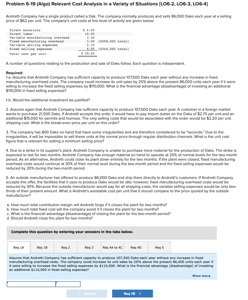 Solved Problem 6-19 (Algo) Relevant Cost Analysis in a | Chegg.com