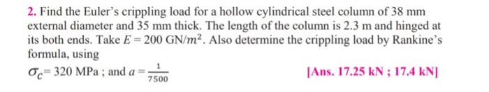 Solved 2. Find the Euler's crippling load for a hollow | Chegg.com