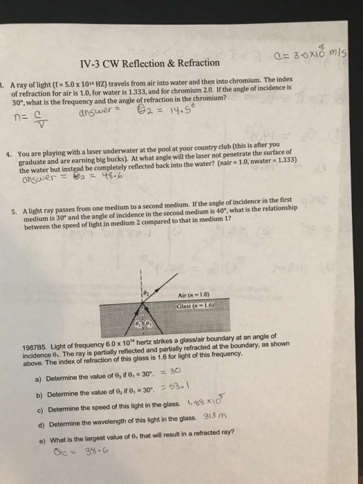 Solved Reflection and refraction, I have the answers for the | Chegg.com