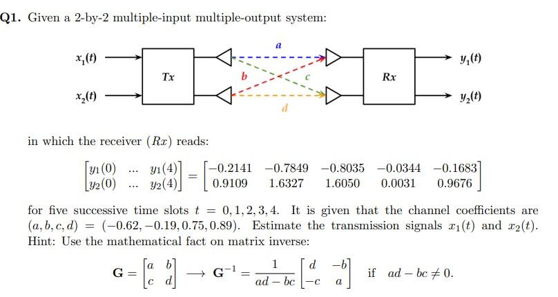 21. Given a 2-by-2 multiple-input multiple-output | Chegg.com