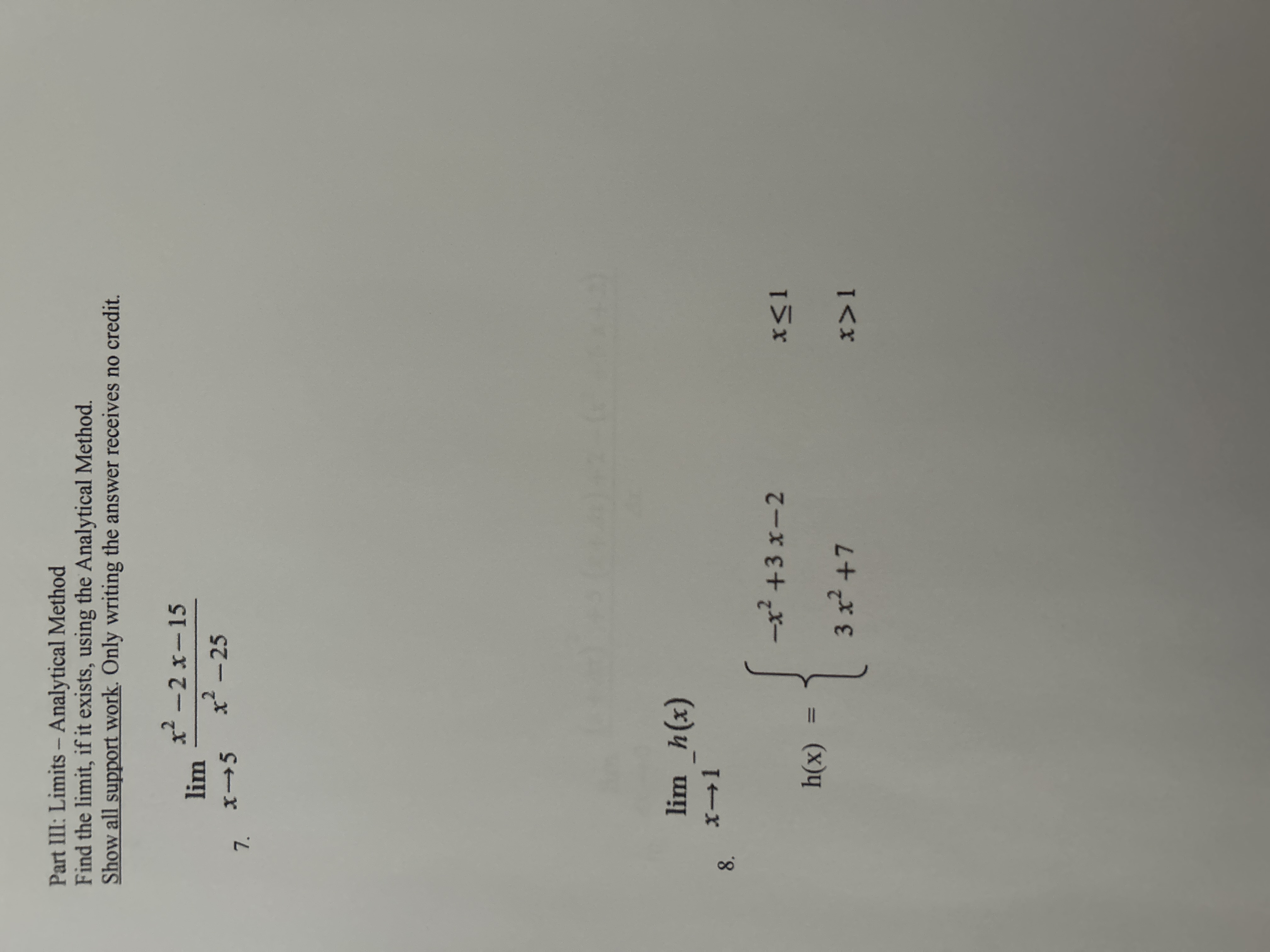 Solved Part III: Limits - Analytical Method Find the limit, | Chegg.com
