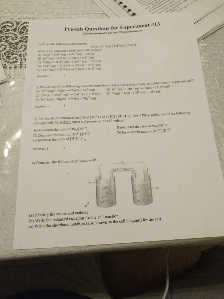 Solved Pre-labQuestions for Experiment #13 Electrechemical | Chegg.com