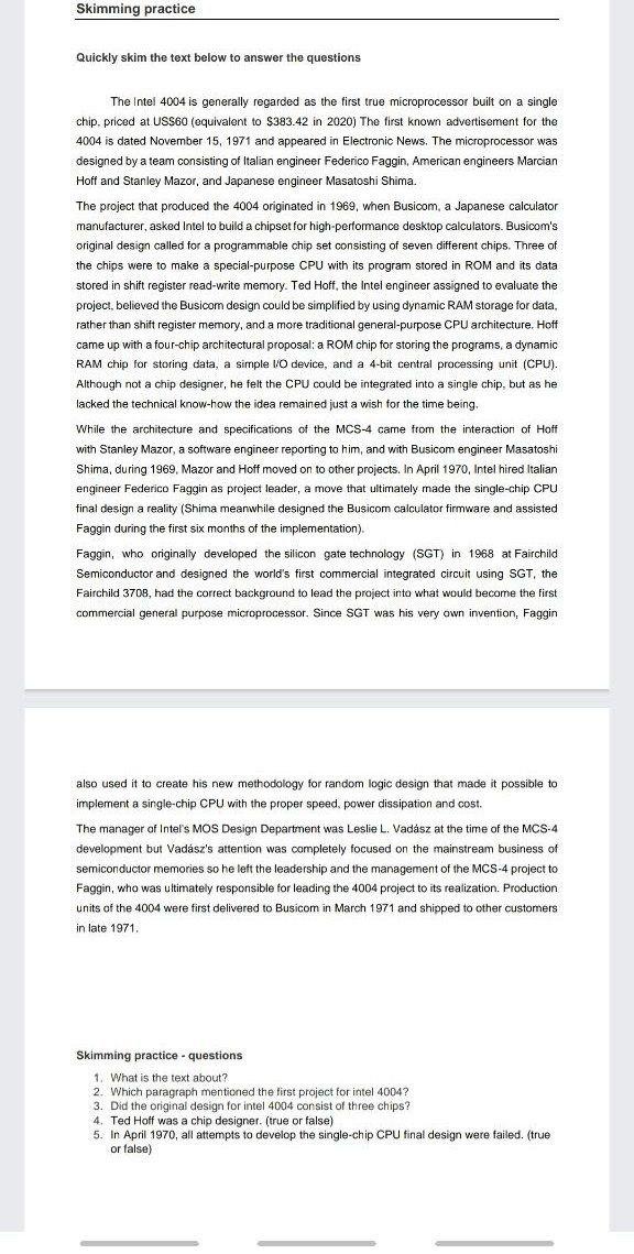 Solved Skimming practice Quickly skim the text below to | Chegg.com