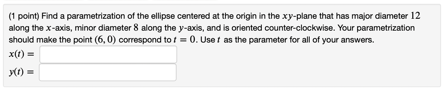 Solved (1 point) Find a parametrization of the ellipse | Chegg.com