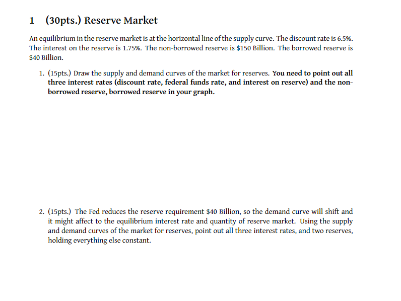 Solved 1 (30pts.) Reserve Market An equilibrium in the | Chegg.com
