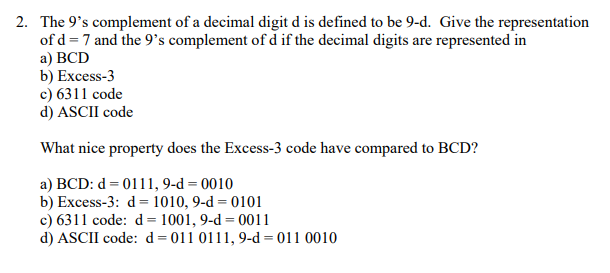 Solved 2. The 9's complement of a decimal digit d is defined | Chegg.com