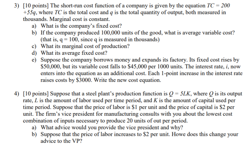 Solved 3) [10 points) The short-run cost function of a | Chegg.com