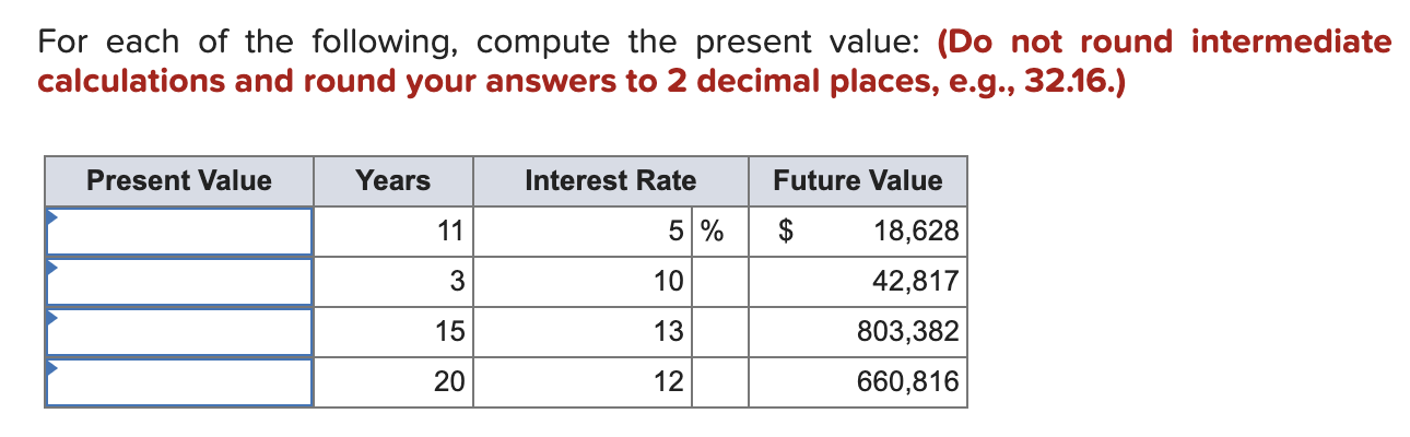 Solved For each of the following, compute the present value: | Chegg.com