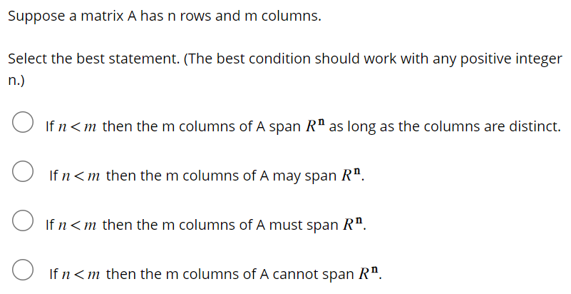 Solved Suppose a matrix A has n rows and m columns.Select | Chegg.com