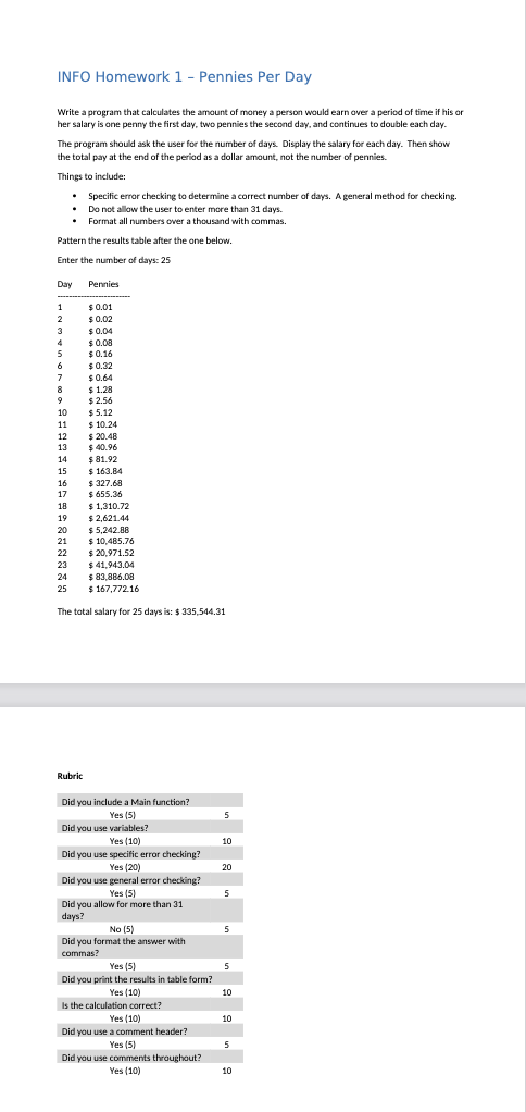Solved INFO Homework 1 - ﻿Pennies Per DayWrite a program in | Chegg.com