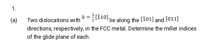 Solved (a) Two dislocations with lie along the [ī01) and | Chegg.com