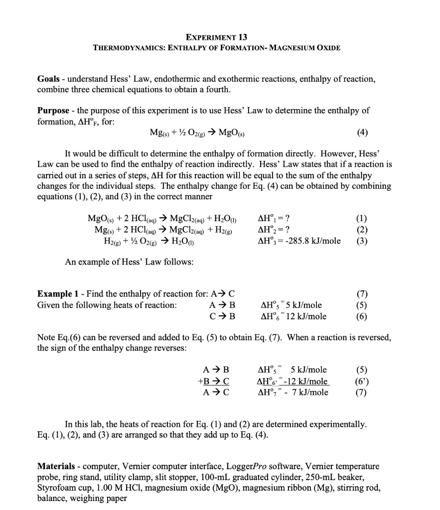 Solved EXPERIMENT 13 THERMODYNAMICS: ENTHALPY OF FORMATION- | Chegg.com