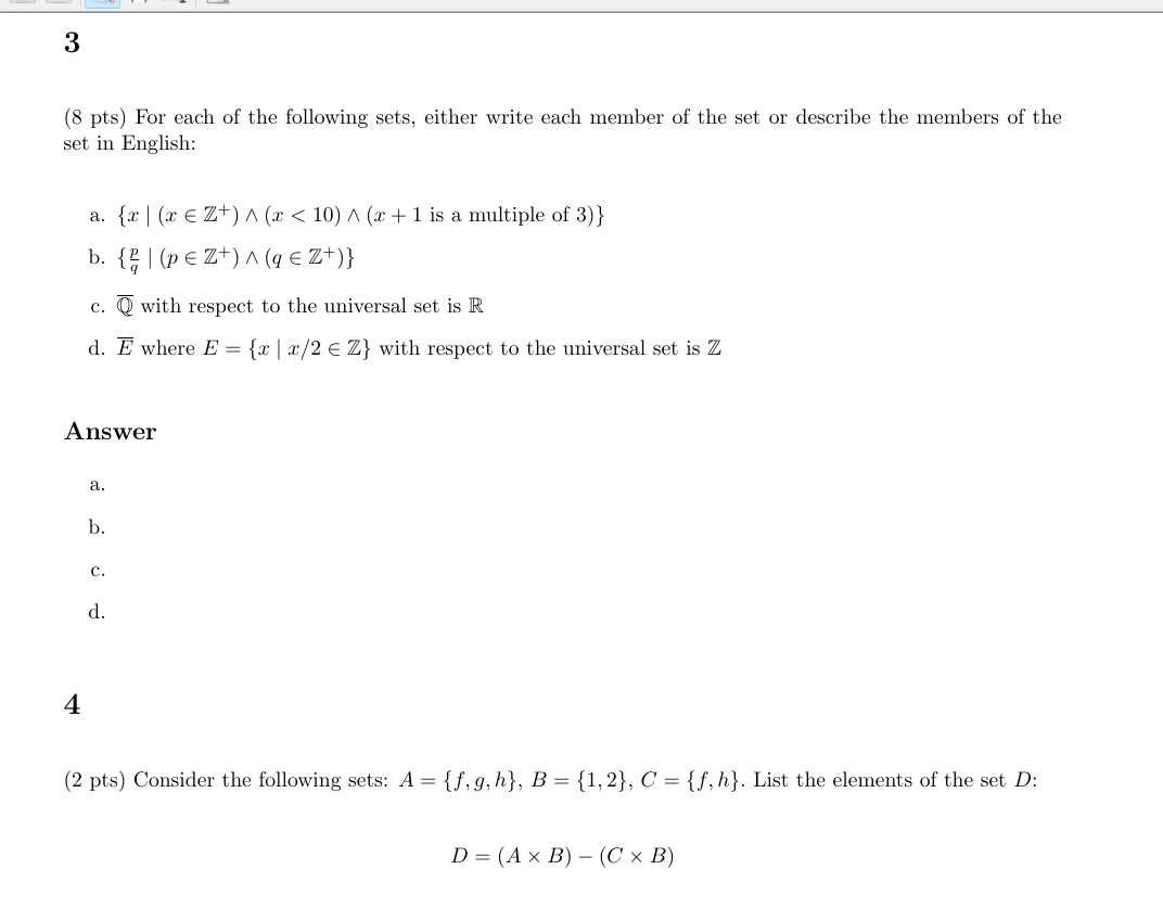 Solved ( 8pts) For each of the following sets, either write | Chegg.com