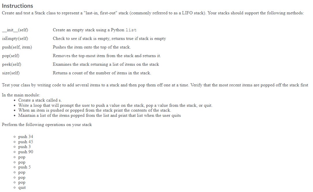 Solved Instructions Create and test a Stack class to | Chegg.com