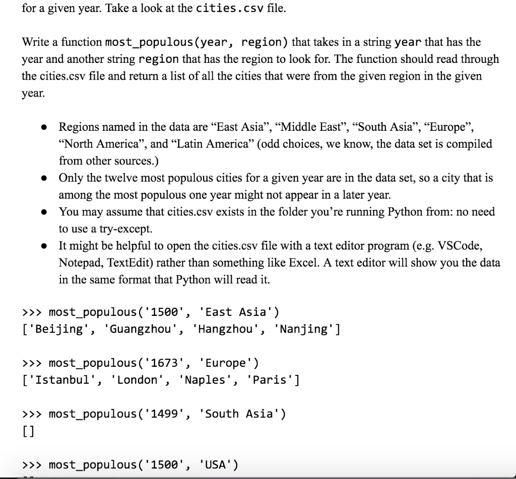 Solved for a given year. Take a look at the cities. csv | Chegg.com