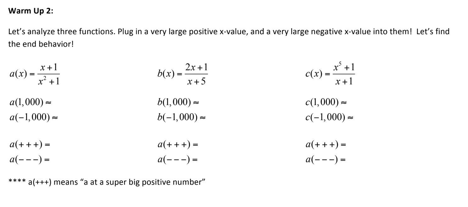 Solved Warm Up 2: Let's analyze three functions. Plug in a | Chegg.com