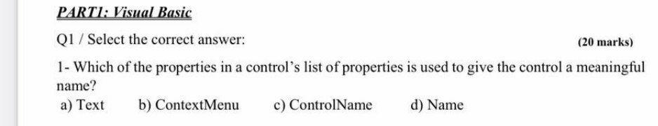 Solved PARTI: Visual Basic Q1 / Select the correct answer: | Chegg.com
