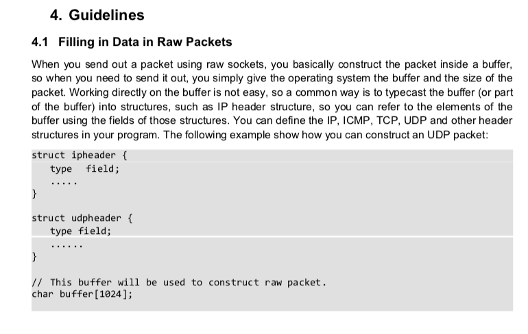 4. Guidelines 4.1 Filling in Data in Raw Packets When | Chegg.com