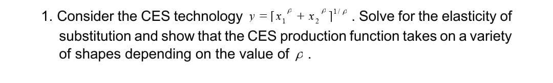 Solved P 1. Consider the CES technology y = (x + x2°118. | Chegg.com