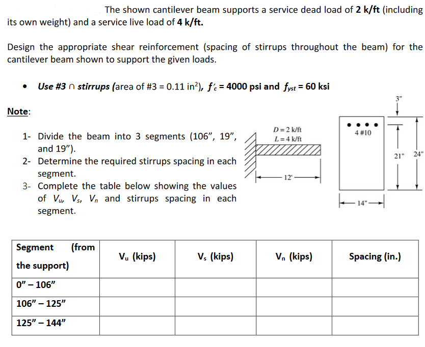 Solved The shown cantilever beam supports a service dead | Chegg.com