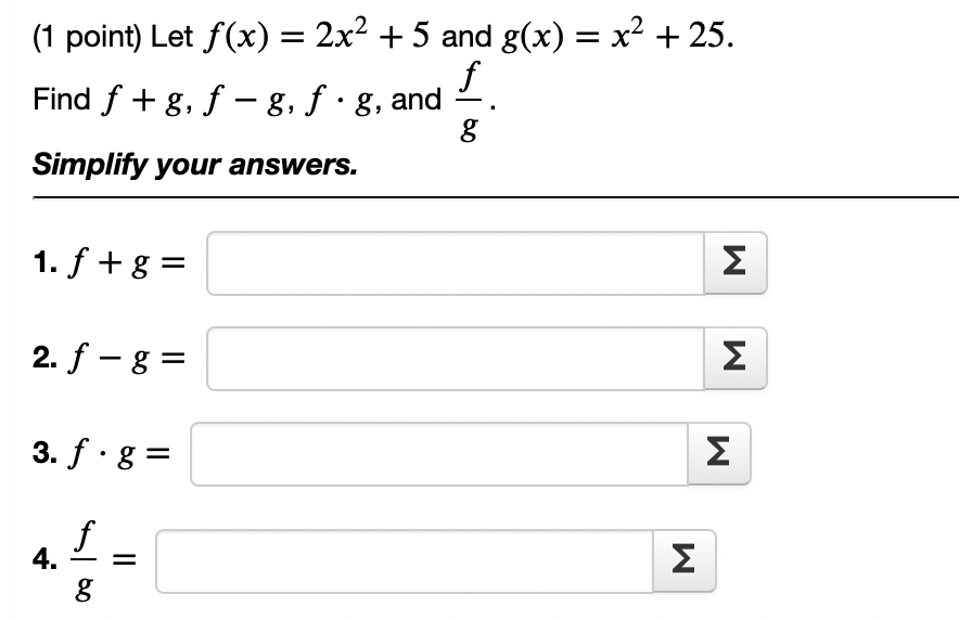 Solved (1 point) Let f(x)=2x2+5 and g(x)=x2+25 Find | Chegg.com