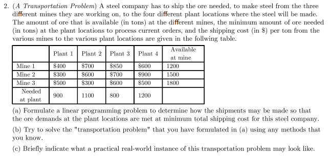 Solved 2. (A Transportation Problem) A steel company has to | Chegg.com