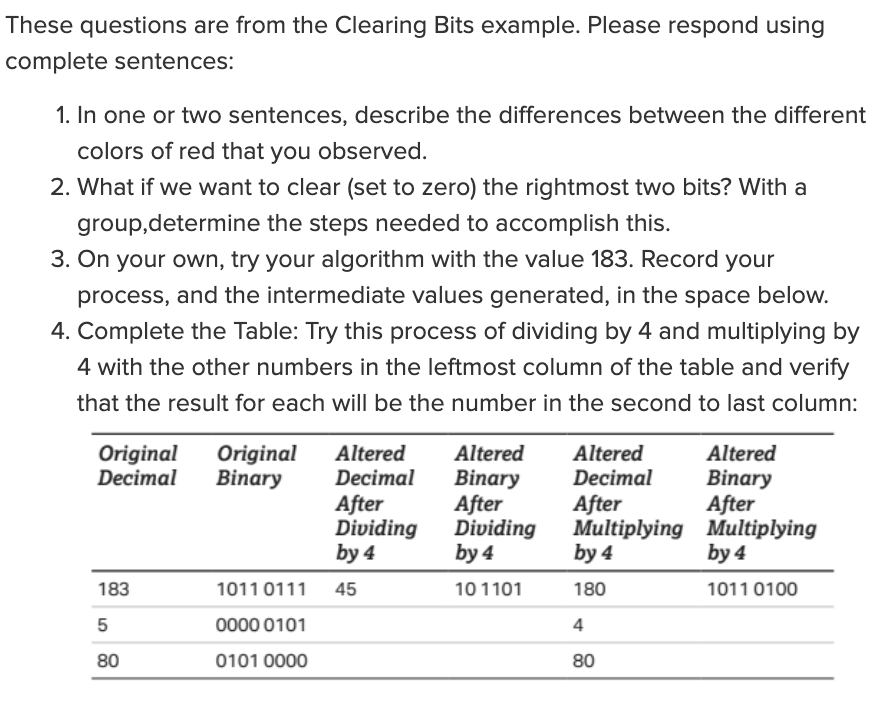 Solved hese questions are from the Clearing Bits example. | Chegg.com