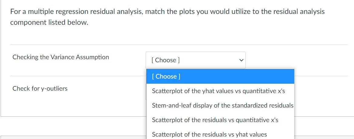 Solved For a multiple regression residual analysis, match | Chegg.com