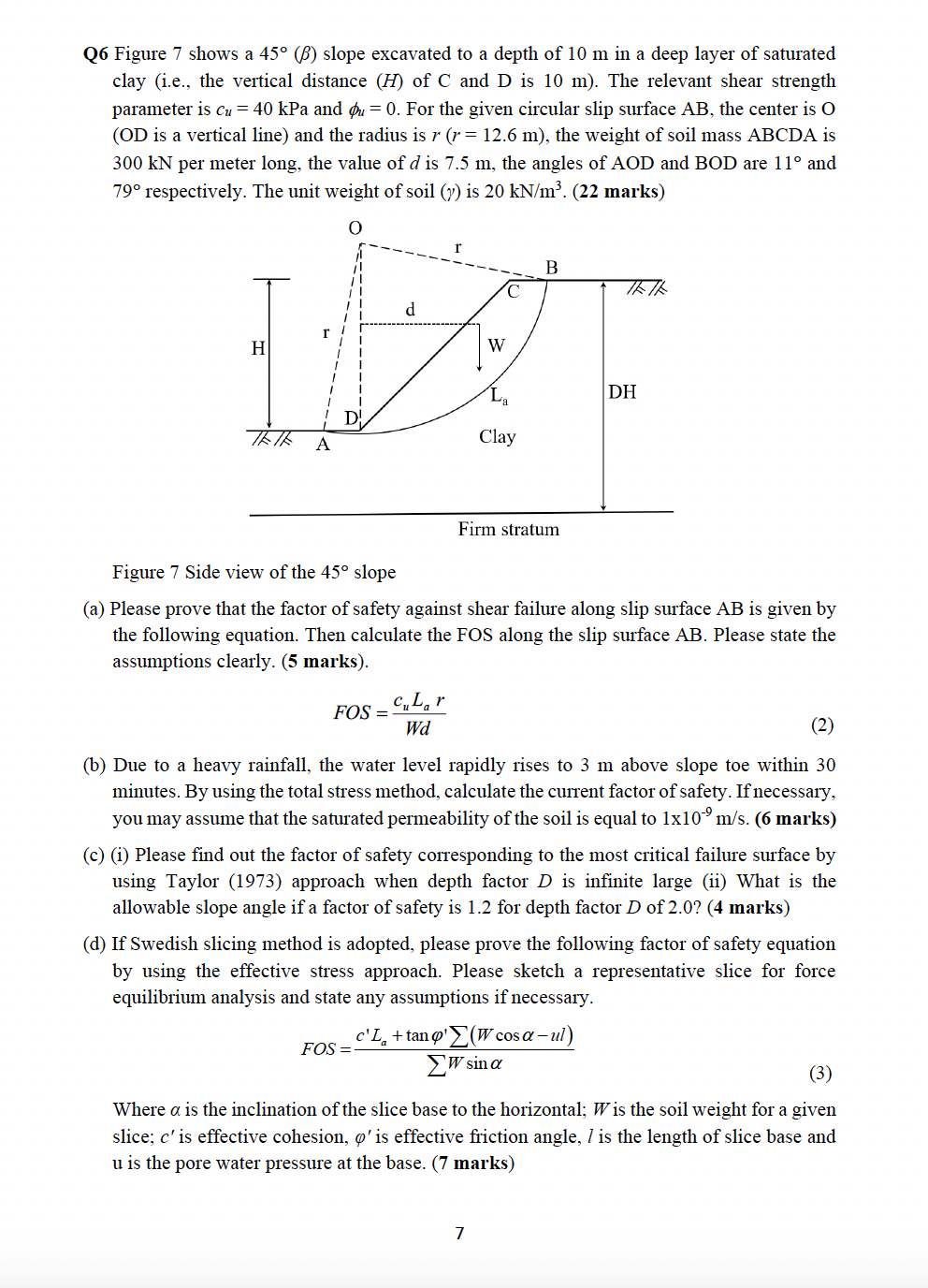 Solved Q6 Figure 7 shows a 45° (B) slope excavated to a | Chegg.com