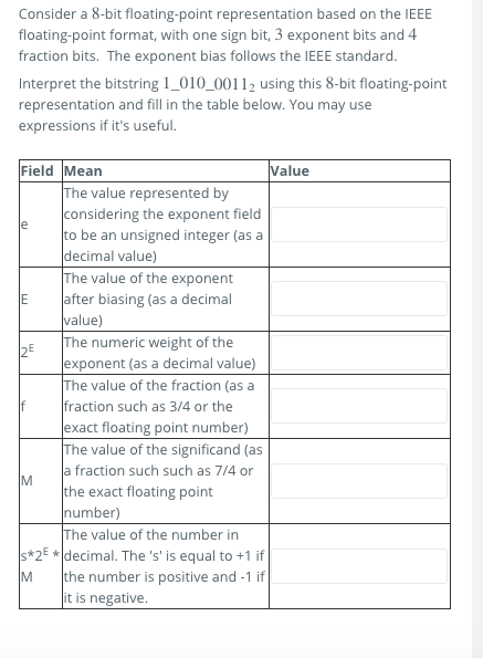 Solved Consider a 8-bit floating-point representation based | Chegg.com