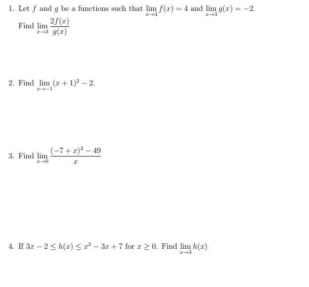 Solved 13 1. Let f and g be a functions such that lim f(x) = | Chegg.com