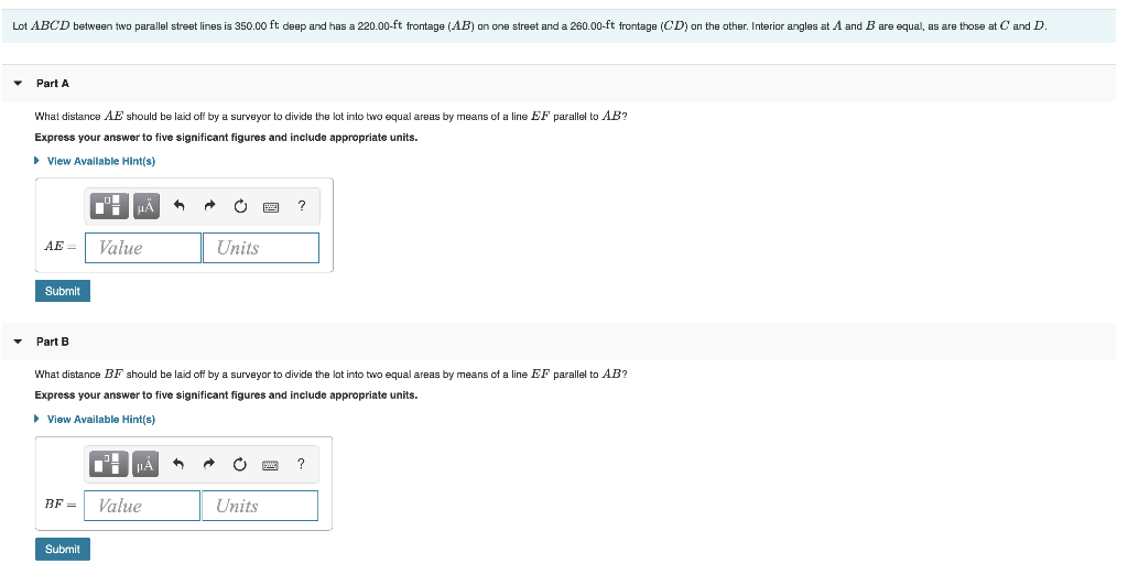Solved Lot ABCD between two parallel street lines is 350.00 | Chegg.com