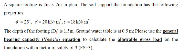 Solved Problem 5 (10%).A square footing is 2m × 2m in plan. | Chegg.com