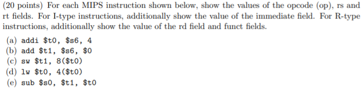 Solved (20 points) For each MIPS instruction shown below, | Chegg.com