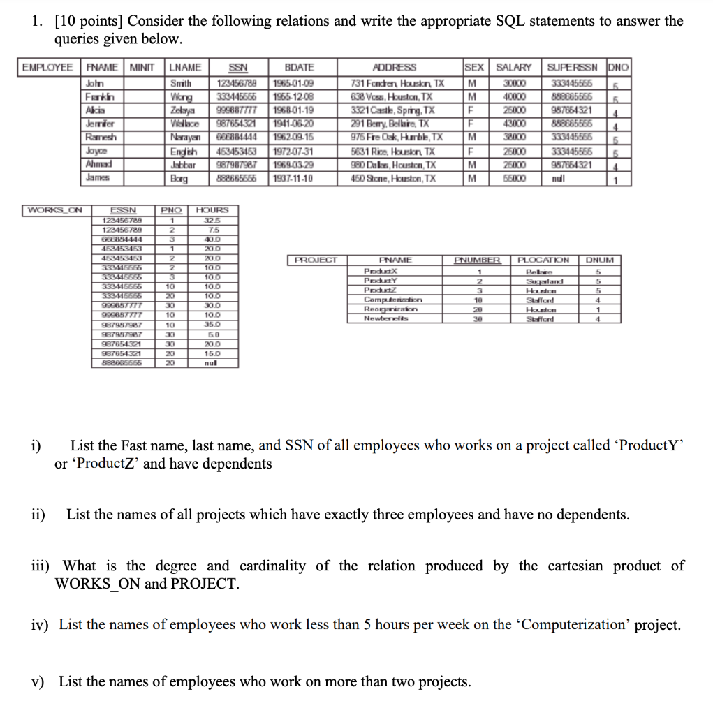 Solved 1. [10 points ] Consider the following relations and | Chegg.com