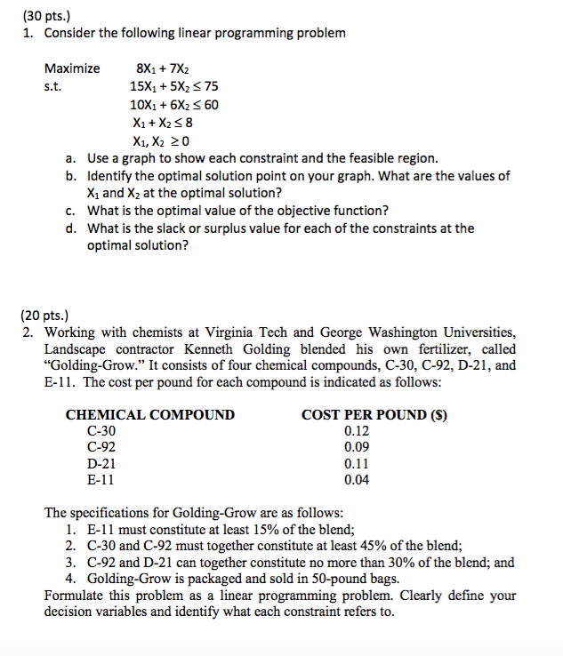 Solved (30 pts.) 1. Consider the following linear | Chegg.com