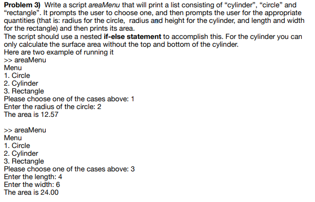 Solved Write a script (in MATLAB) areaMenu that will print a | Chegg.com