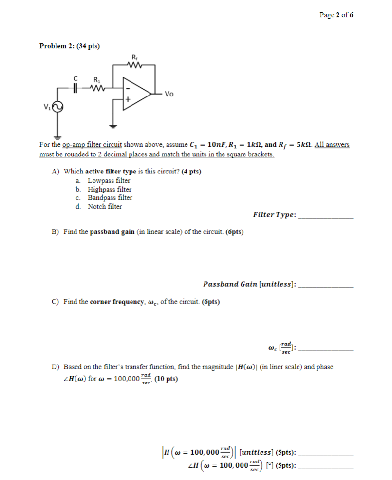 Solved Problem 2: (34 pts) For the op-amp filter circuit | Chegg.com