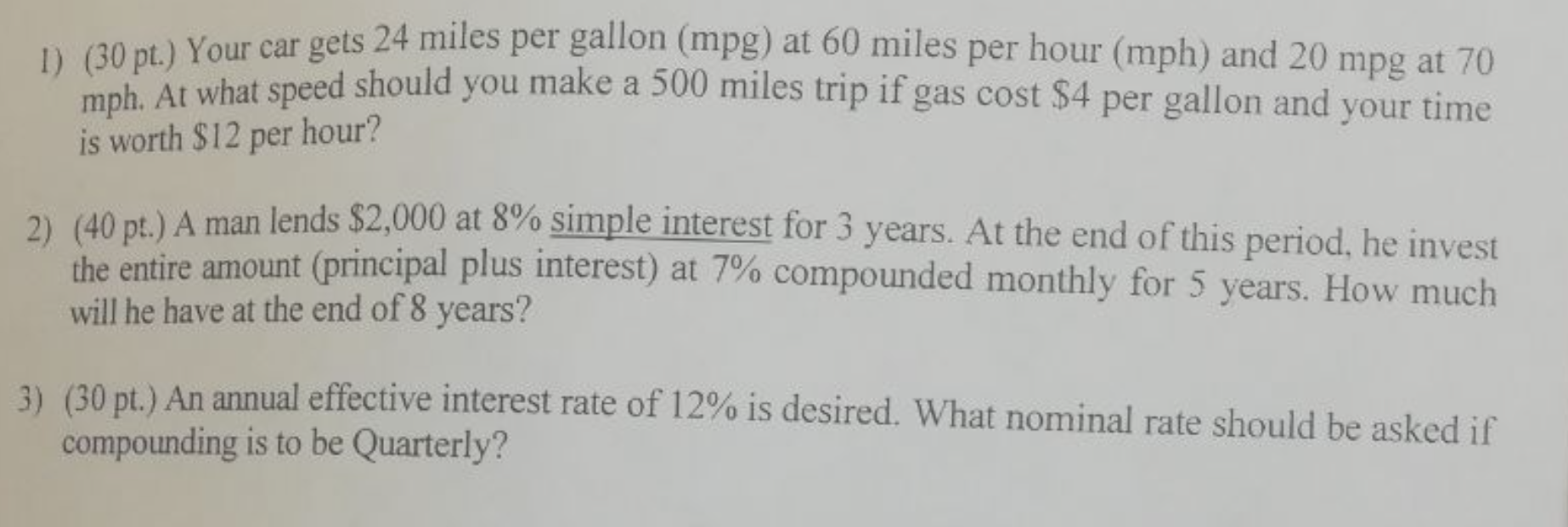Solved 1) (30 pt.) Your car gets 24 miles per gallon (mpg) | Chegg.com