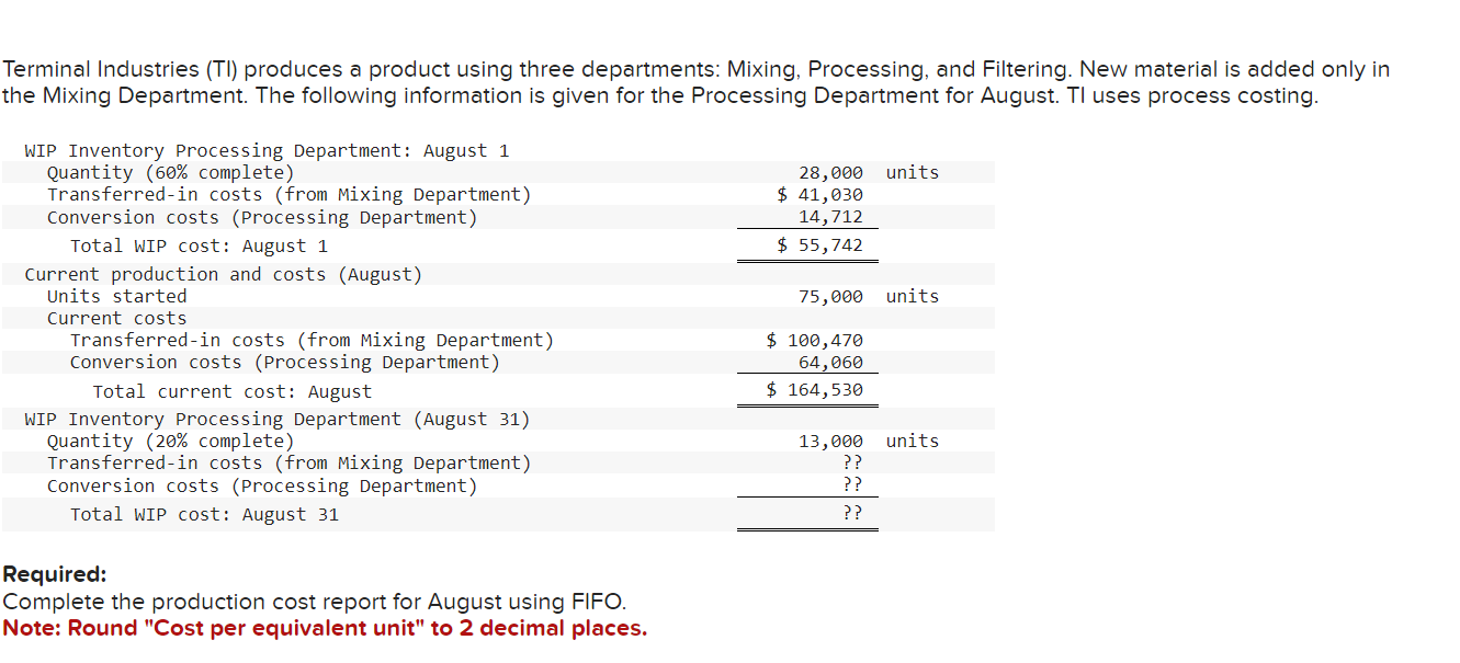Solved Terminal Industries (TI) produces a product using | Chegg.com