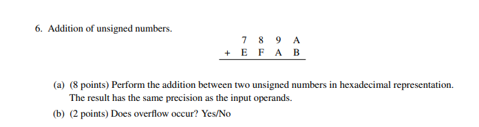Solved 6. Addition of unsigned numbers. 7 8 9 A + E F AB (a) | Chegg.com