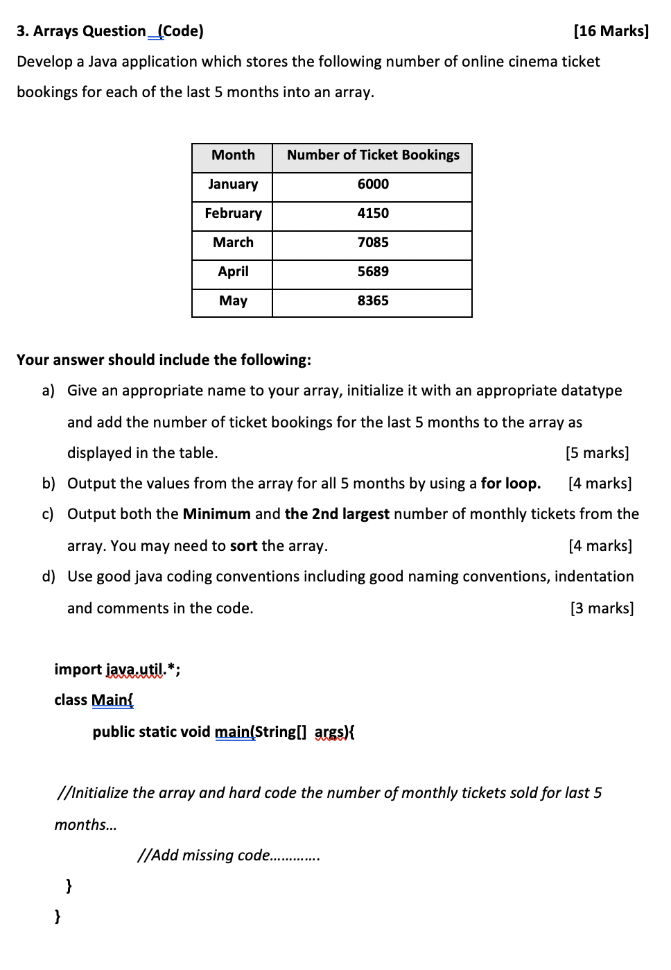 Solved 3. Arrays Question_(Code) (16 Marks] Develop a Java | Chegg.com