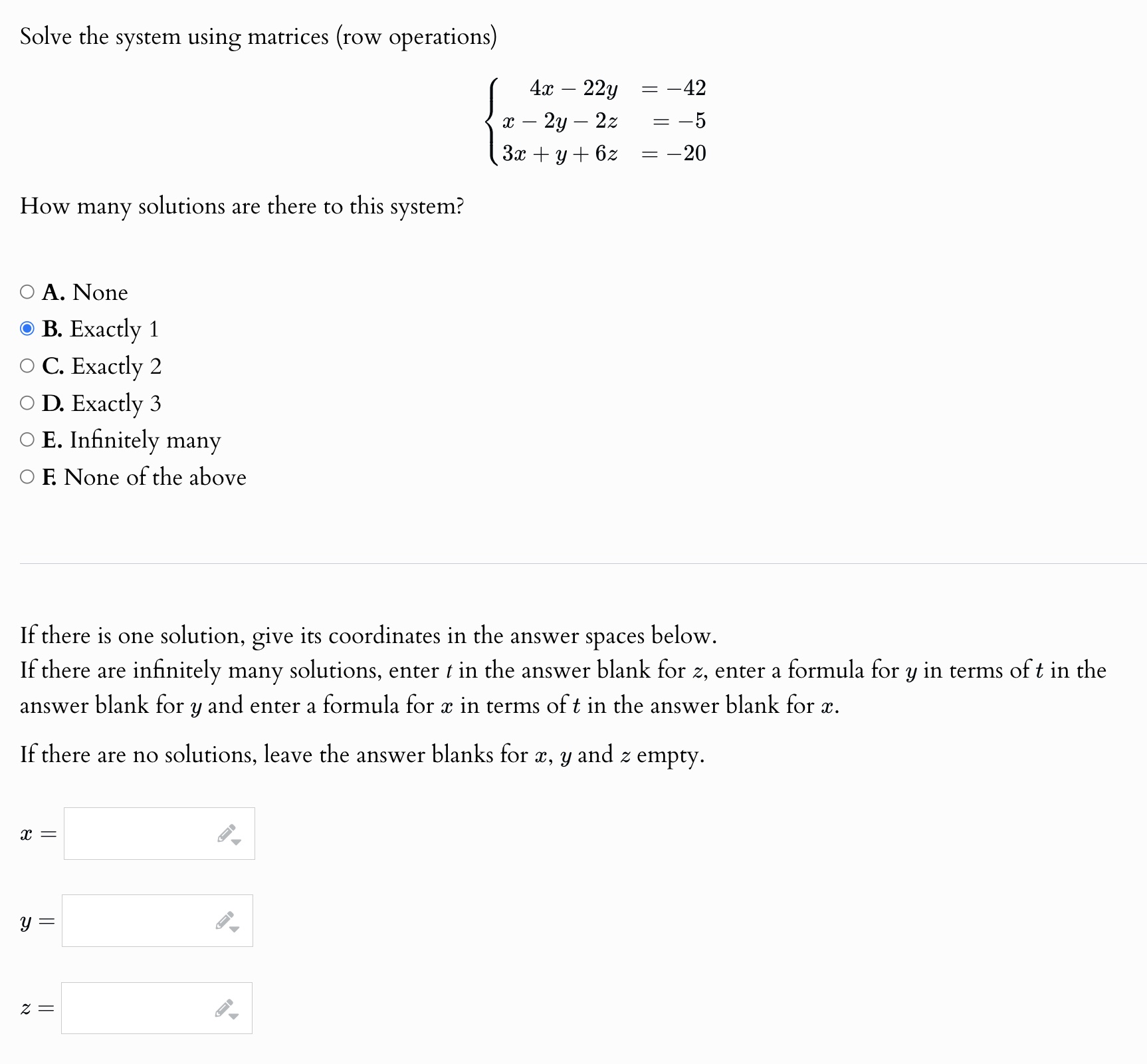 Solved Solve the system using matrices (row | Chegg.com