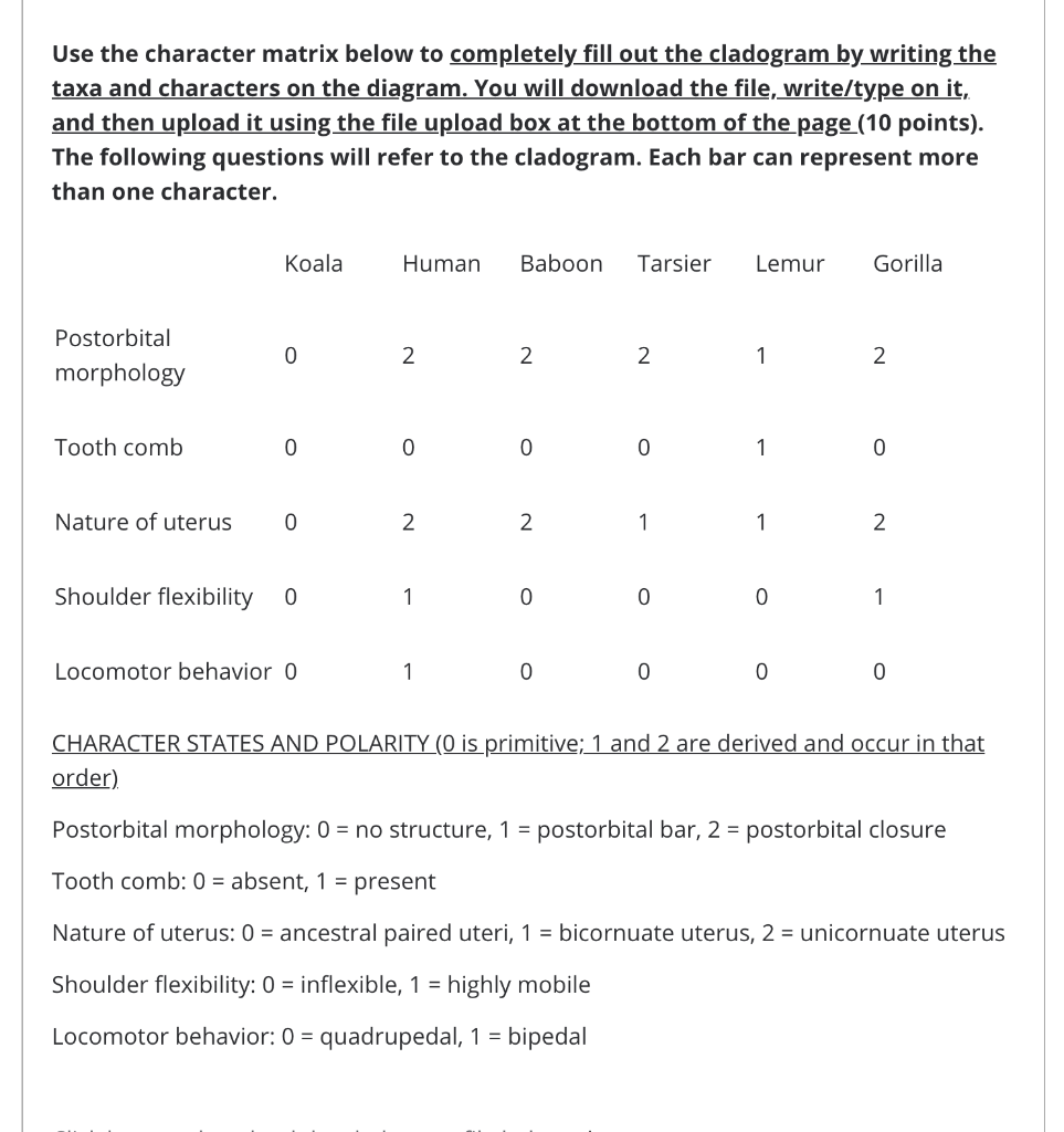 Solved Use the character matrix below to completely fill out | Chegg.com