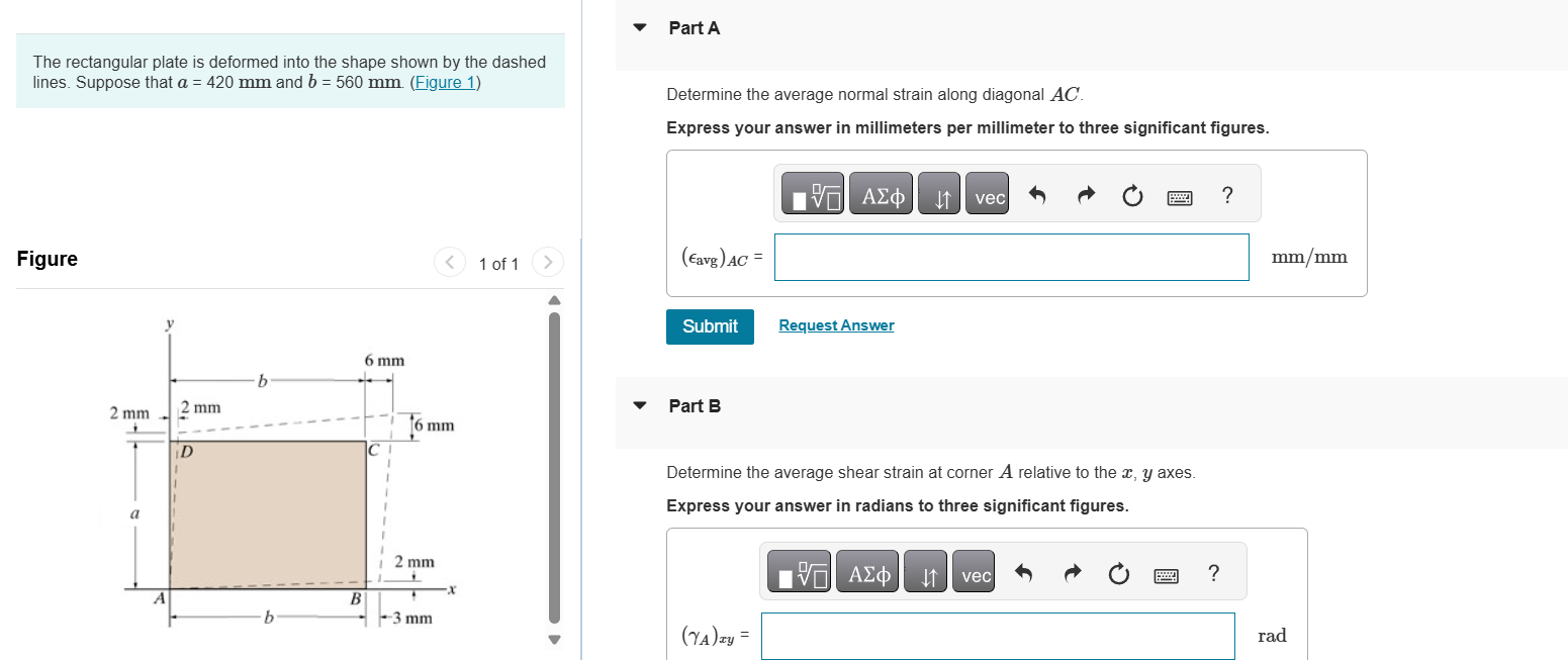 Solved Part AThe rectangular plate is ﻿deformed into the | Chegg.com